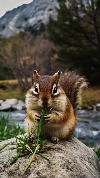 Fluffy Chipmunk Sitting On Rock Eating Grass Premium Ai Generated Image