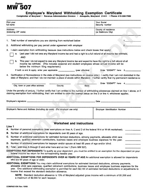 Form Mw 507 Employees Maryland Withholding Exemption Certificate