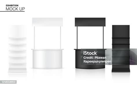 현실적인 배너 선반 키오스크 디스플레이 3d Pop 부스 판매 마케팅 프로모션 배경 일러스트를 모독 이벤트 전시 컨셉 디자인 칸 가구에 대한 스톡 벡터 아트 및 기타 이미지