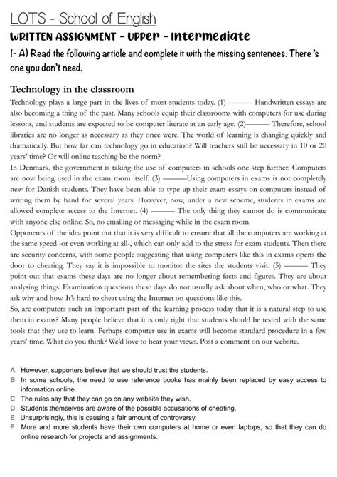 Upper Int Assignment Worksheet Live Worksheets