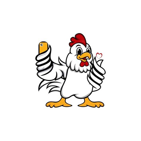 사진이나 셀카를 찍는 치킨 마스코트 또는 치킨 캐릭터 프리미엄 벡터