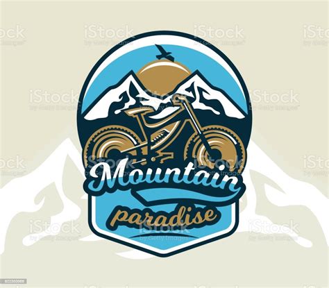 아이콘 산악 자전거입니다 자전거와 산 상징 익 스 트림 스포츠입니다 Freeride 다운 힐 크로스 컨트리 배지는 방패 레터링 벡터 일러스트입니다 건강한 생활방식에 대한