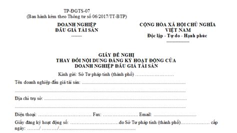 Mẫu giấy đề nghị thay đổi nội dung đăng ký hoạt động của doanh nghiệp đấu giá tư nhân mới nhất