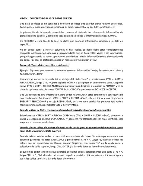 Semana 3 Resumen Video 1 Concepto De Base De Datos En Excel Una Base De Datos Es Un Conjunto