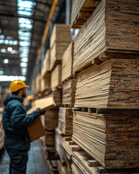 Workers Loading Hardwood Sheets Onto Racks Inside Warehouse Stock
