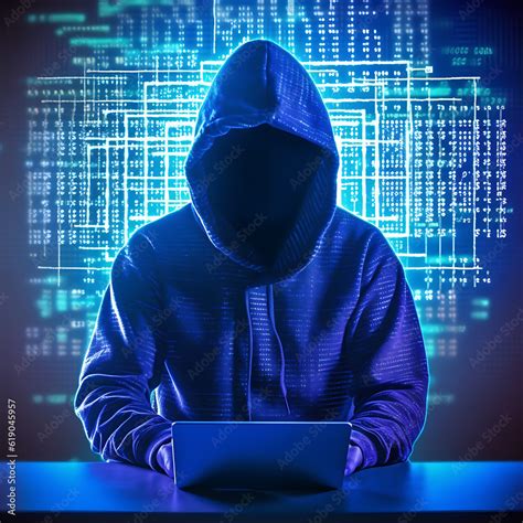 Silhouette Of An Anonymous Hacker On Blue Binary Code And Lights Matrix Background Hacking Of A