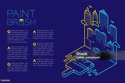 아이소메트릭 다름 페인트 브러시 개요 선을 대시 선 디자인 도시 Cocept 일러스트 벡터 Eps 10 어두운 파란색 배경 복사 공간에 격리 설정 건설 산업에 대한 스톡