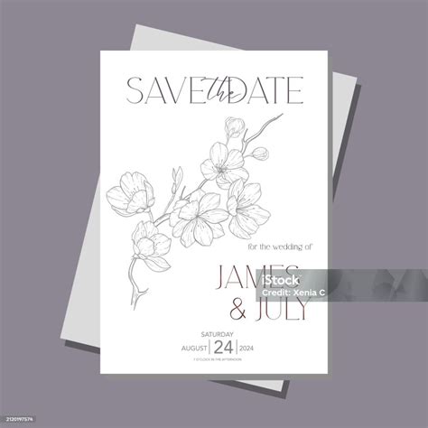 Template Line Art Undangan Pernikahan Bunga Sakura Garis Besar Alat Tulis Pernikahan Minimalis