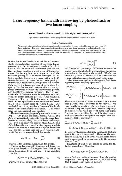 Pdf Laser Frequency Bandwidth Narrowing By Photorefractive Two Beam Coupling Dokumen Tips