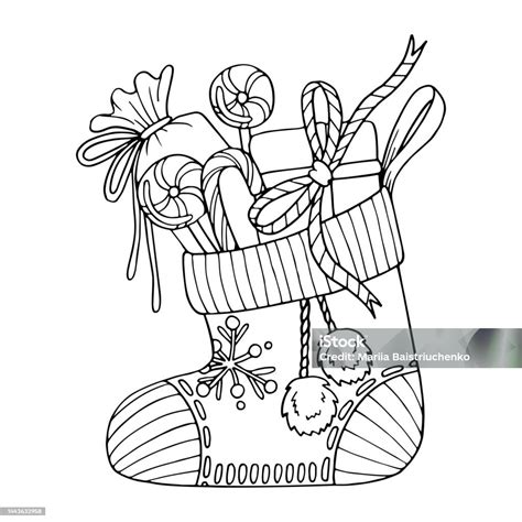 크리스마스 양말 벡터 색칠하기 페이지입니다 축제 선물 상자 막대 사탕 손으로 그린 라인 아트 겨울 그림입니다 즐거운 휴일 보내세요 어린이와 성인을위한 색칠 공부 책 흑백