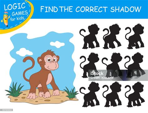 원숭이의 올바른 그림자를 찾습니다 화려한 배경에 귀여운 만화 원숭이 재미있는 캐릭터와 아이를위한 교육 매칭 게임 대답을 가진 아이들을위한 논리 게임 어린이 유치원용 학습