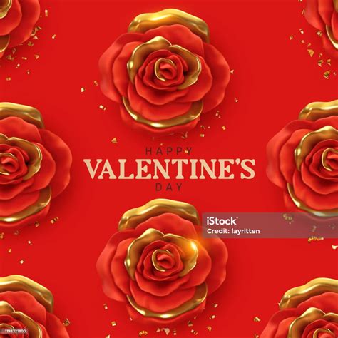 해피 발렌타인 데이 현실적인 3d 꽃 금속 장미 빨간색과 금색 반짝이 황금 색종이와 배경 꽃 봉오리의 패턴입니다 벡터