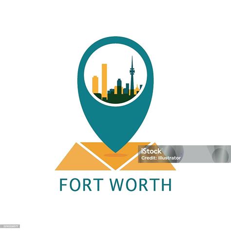 미국 포트 워스 도시지도 핀 포인트 지리적 위치 현대 스카이 라인 포인터 벡터 로고 아이콘 고립 된 일러스트 레이 션 미국 텍사스 주 포인터 엠블럼 랜드 마크와 건물 실루엣