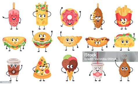 재미있는 음식 마스코트 귀여운 낙서 정크 푸드 마스코트 얼굴이있는 패스트 푸드 행복한 치즈 버거 피자 및 크루아상 벡터 일러스트 아이콘 세트 사람 얼굴에 대한 스톡 벡터