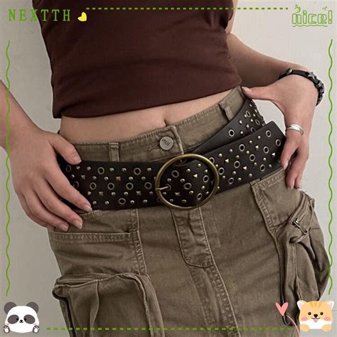 Nextth สายรัดเอวกว้าง เข็มขัดหมุดวินเทจ Y2k Punk Rock Chic Harajuku เข็มขัดหัวเข็มขัดกลมโลหะ
