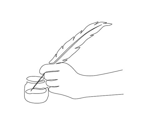 퀼 펜 깃털 펜 단일 선 빈티지 쓰기 장비 벡터 디자인을 들고 있는 손의 연속 한 선 그리기 프리미엄 벡터