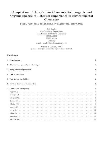 Compilation Of Henrys Law Constants For Inorganic And Organic