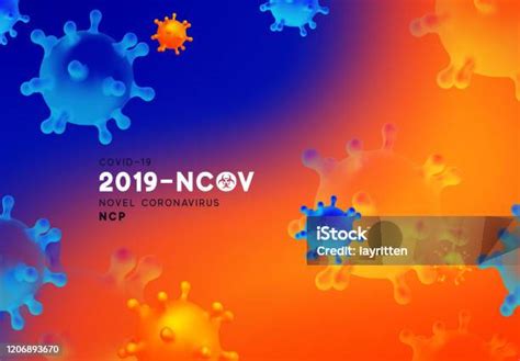 소설 코로나 바이러스 바이러스 코비드 19ncp 코로나바이러스 Ncov는 단일 가닥 Rna 바이러스로 표시된다 사실적인 3d 파란색과 주황색 바이러스 세포와 배경 위험 기호
