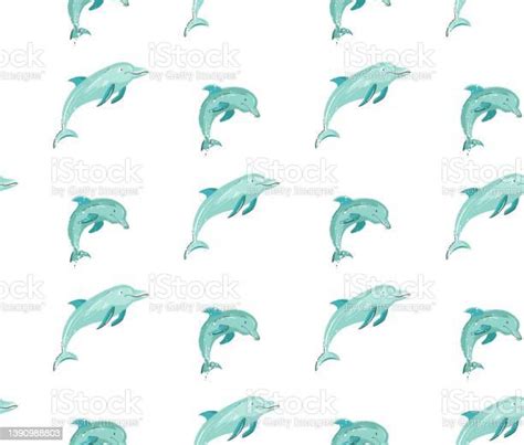 손으로 그린된 벡터 만화 여름 시간 원활한 패턴 블루 색상 흰색 배경에 고립에서 돌고래 점프입니다 가정 생활에 대한 스톡 벡터 아트 및 기타 이미지 Istock