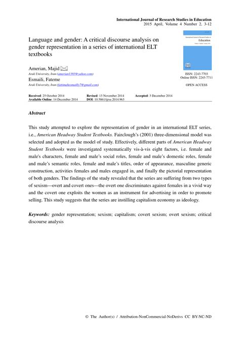 Pdf Language And Gender A Critical Discourse Analysis On Gender Representation In A Series Of