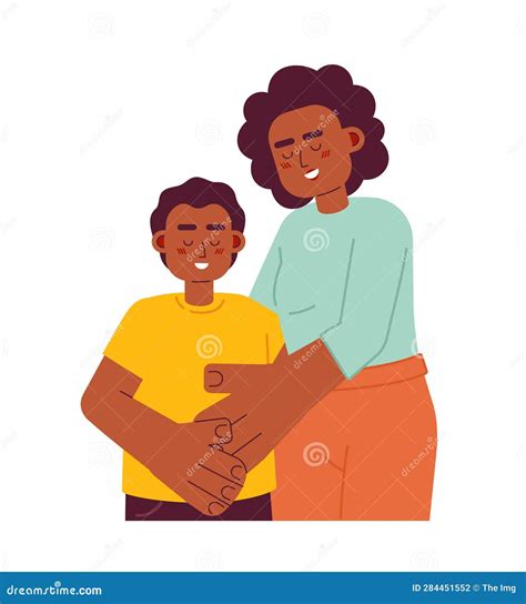 Black Mother Hugging Preteen Son Semi Flat Color Vector Characters