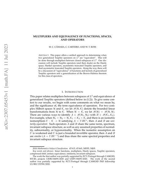 Pdf Multipliers And Equivalence Of Functions Spaces And Operators