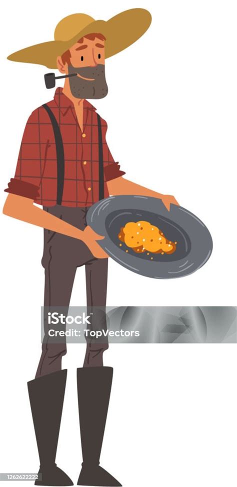 남성 프로스펙터 빈티지 옷을 입고 수염골드 광부 캐릭터와 모자 패닝 골든 샌드와 프릴 만화 스타일 벡터 일러스트 금 채취에 대한 스톡 벡터 아트 및 기타 이미지 Istock