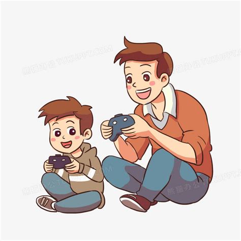手绘卡通爸爸陪着孩子打游戏免抠元素png图片素材下载 卡通png 熊猫办公