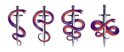 뱀과 단검 뱀은 칼 벡터 빈티지 문신을 감싸고 인생은 싸움 개념 우화 로고 또는 고대 상징의 상징입니다 개체 그룹에 대한 스톡