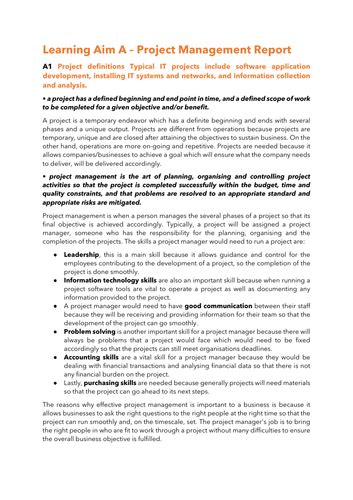 Btec Learning Aim A Project Management Unit 11 Teaching Resources