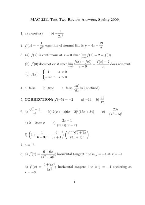 Test Two Review Answers Analytical Geometry And Calculus I Mac 2311 Docsity