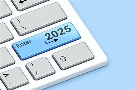 깨끗한 파란색 배경 3d 렌더링에 새로운 시작 혁신 기술 및 다가오는 새해를 상징하는 파란색 Enter 2025 키와 컴퓨터 키보드의 클로즈업 2025년에 대한 스톡 사진