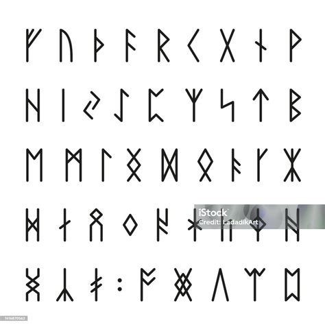 바이킹 룬 룬 켈트 알파벳 노르웨이 신화 중세 표지판 미스터리 게임 룬 고대 편지와 마법 기호 깔끔한 스칸디나비아 오컬트 벡터 세트 북유럽 신화에 대한 스톡 벡터 아트 및