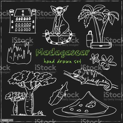 마다 가스 카 르 손으로 그린 낙서 집합입니다 스케치입니다 디자인 및 패키지 제품에 대 한 벡터 일러스트입니다 기호 컬렉션입니다 칠판 배경 절연된 요소 그리기에 대한 스톡