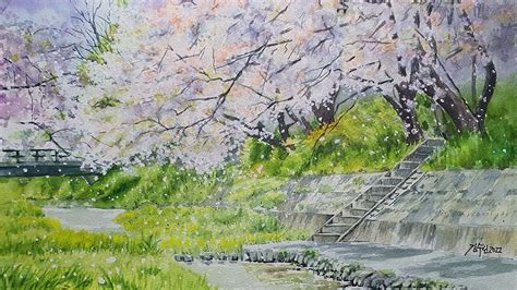 풍경 수채화 작품 벚꽃나무와 개울 풍경 그림 그리기 Youtube