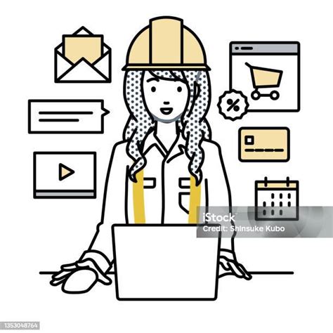 웹 사이트 검색 디지털 마케팅 결제 온라인 스토어 관리 및 책상에서 고객 지원에 랩톱 컴퓨터를 사용하여 건설 현장에서 일하는 여성 It 지원에 대한 스톡 벡터 아트 및 기타