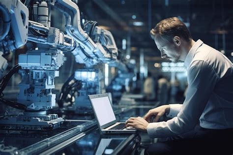 Premium Photo A Man Working On A Laptop In A Factory