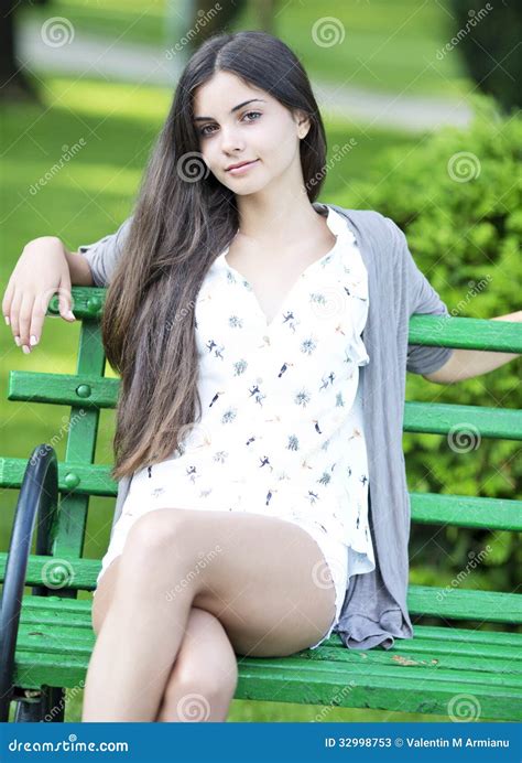Beautiful Woman Sitting On Bench Outdoor Stock Image Image Of Green