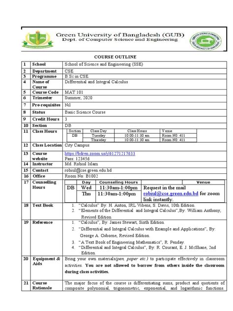 Updated Mat 101 Obe Based Course Outline Pdf Derivative Integral