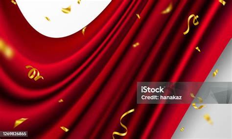 빨간색 커튼 배경 그랜드 오프닝 이벤트 디자인 색종이 골드 리본 고급 인사말 리치 카드 금 금속에 대한 스톡 벡터 아트 및 기타 이미지 Istock