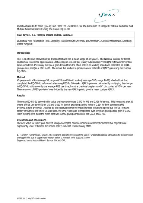 Pdf Quality Of Life And Cost Effectiveness Following The Use Of Functional Electrical