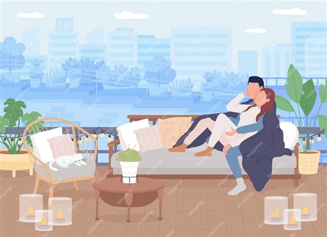 옥상 평면 컬러 벡터 일러스트 레이 션에 날짜입니다 남자와 여자는 지붕에 소파에 껴안고 휘게 라이프스타일 소파에 담요로 싸인 아내와 남편은 배경에 인테리어가 있는 2d