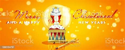 새해 복 많은 새해와 메리 크리스마스 축제 색상의 배경에 마우스 킹만화 크리스마스 스노우 글로브 창조적 인 요정 카드 12월