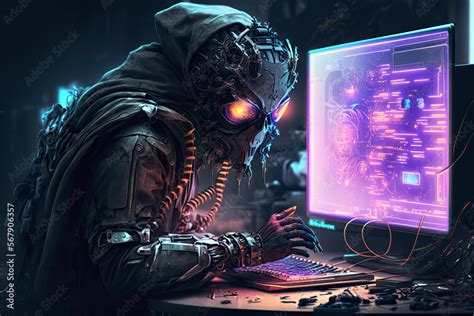 Cyborg Hacker Robot Hacks Into A Computer The Concept Of Cybersecurity