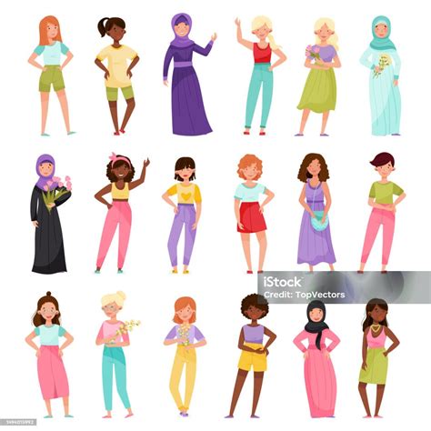 행복한 소녀는 웃고 꽃을 들고 큰 벡터 세트를 들고 서 있다 긍정적인 감정 표현에 대한 스톡 벡터 아트 및 기타 이미지 긍정적인 감정 표현 꽃 식물 다양 Istock