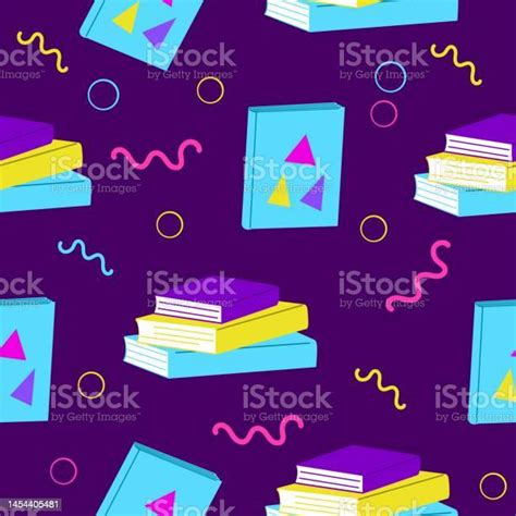 책 더미와 트렌디한 기하학적 모양의 매끄러운 패턴 독서 시간 개념입니다 공부하고 좋은 책을 즐기고 공부할 시간입니다 복고풍 90년대 스타일의 손으로 그린 현대 벡터 삽화