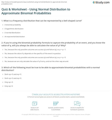 Quiz And Worksheet Using Normal Distribution To Approximate Binomial