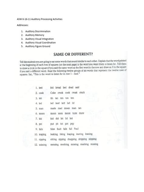 Asw 6 16 11 Auditory Processing Activity Worksheets Pdf