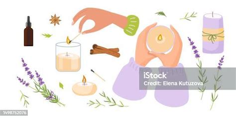 라벤더 식물이 있는 향초 다른 촛불 옵션 왁스 굽기 멸종 된 양초 아늑한 가정 액세서리 휘게 장식 아로마 테라피 촛불 휴식 라벤더 에센셜 오일 가정 생활에 대한 스톡 벡터