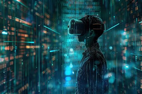 a hacker uses a vr headset to explore a virtual world filled with